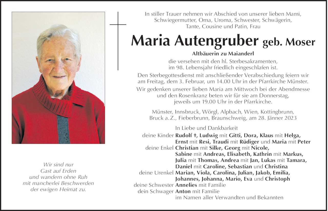 Traueranzeige von Maria Autengruber vom 01.02.2023 | Tiroler Tageszeitung