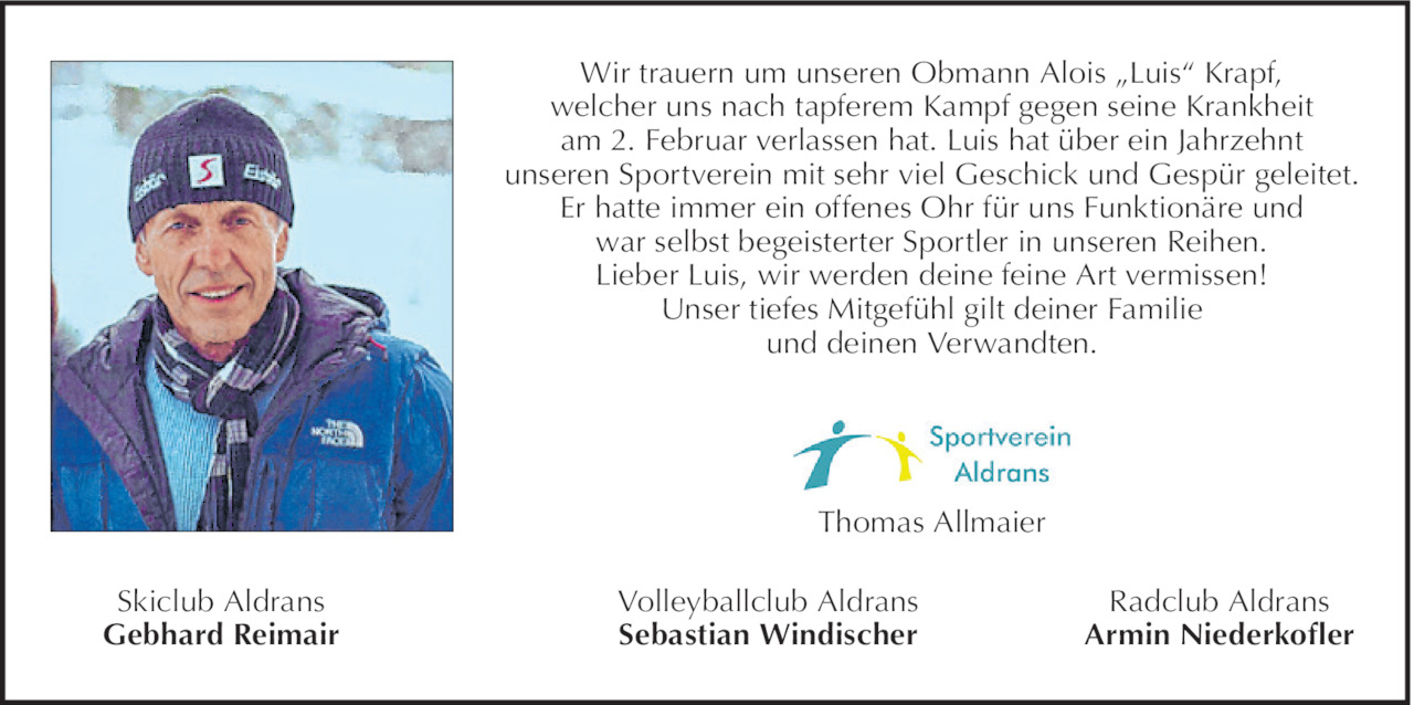 Traueranzeige von Alois Krapf vom 02.02.2023 | Tiroler Tageszeitung