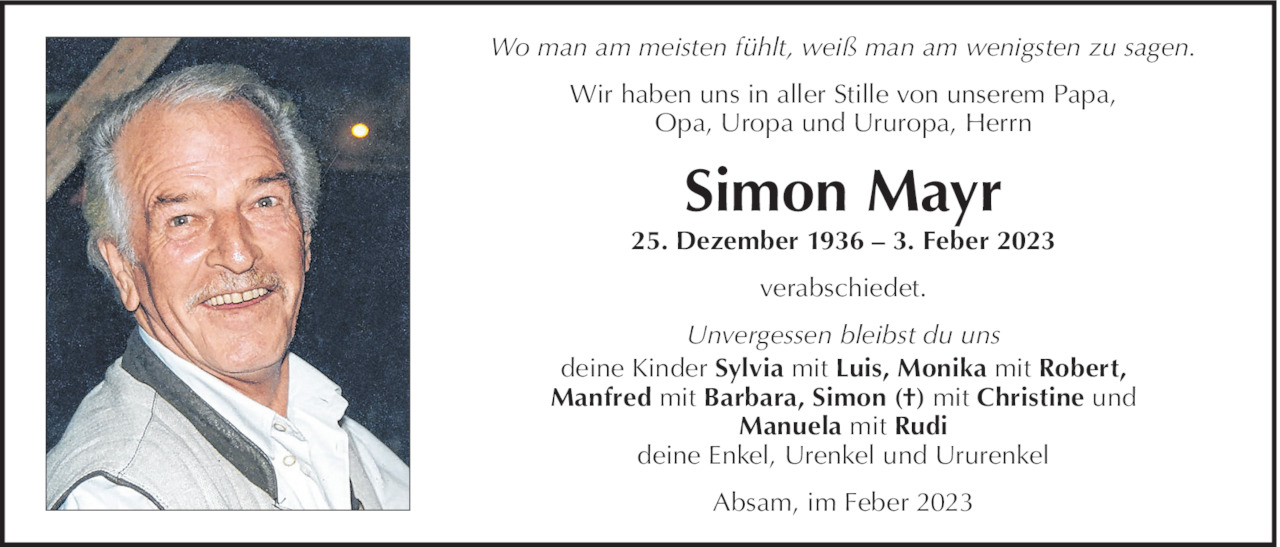 Traueranzeige von Simon Mayr vom 03.02.2023 | Tiroler Tageszeitung