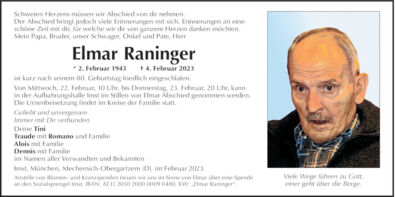 Traueranzeige von Elmar Raninger vom 04.02.2023 | Tiroler Tageszeitung