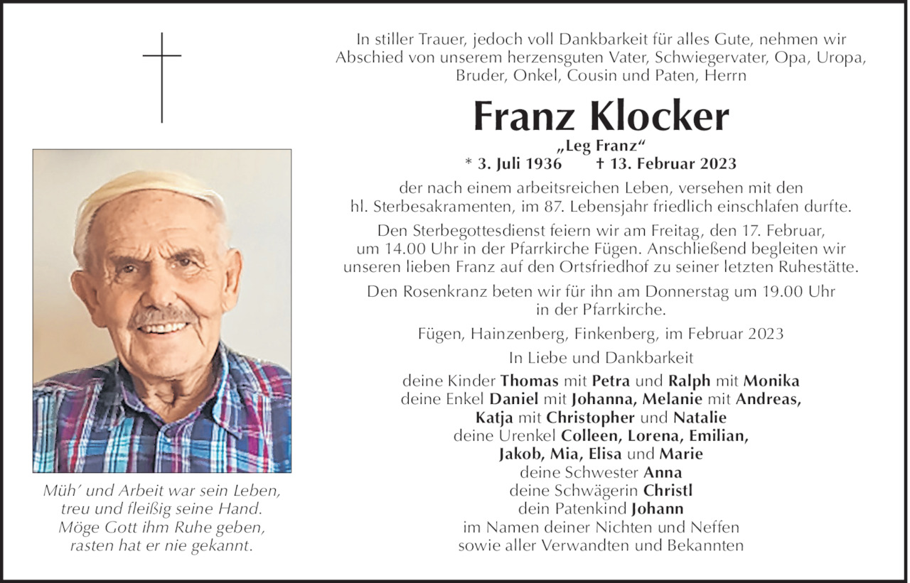 Traueranzeige von Franz Klocker vom 13.02.2023 | Tiroler Tageszeitung