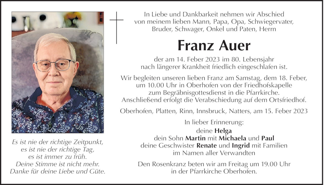 Traueranzeige von Franz Auer vom 14.02.2023 | Tiroler Tageszeitung