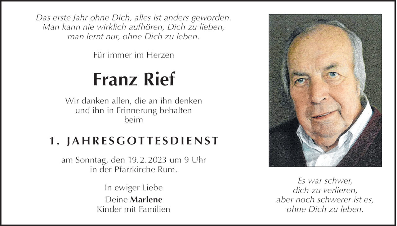 Traueranzeige von Franz Rief vom 17.02.2023 | Tiroler Tageszeitung