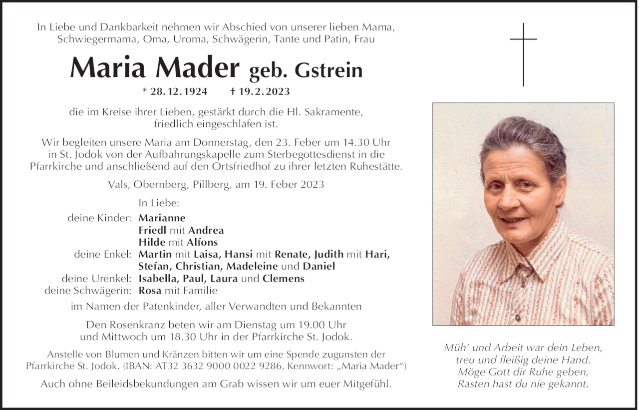 Traueranzeige von Maria Mader vom 19.02.2023 | Tiroler Tageszeitung