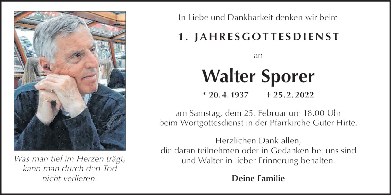 Jahrestag von Walter Sporer vom 25.02.2022 | Tiroler Tageszeitung