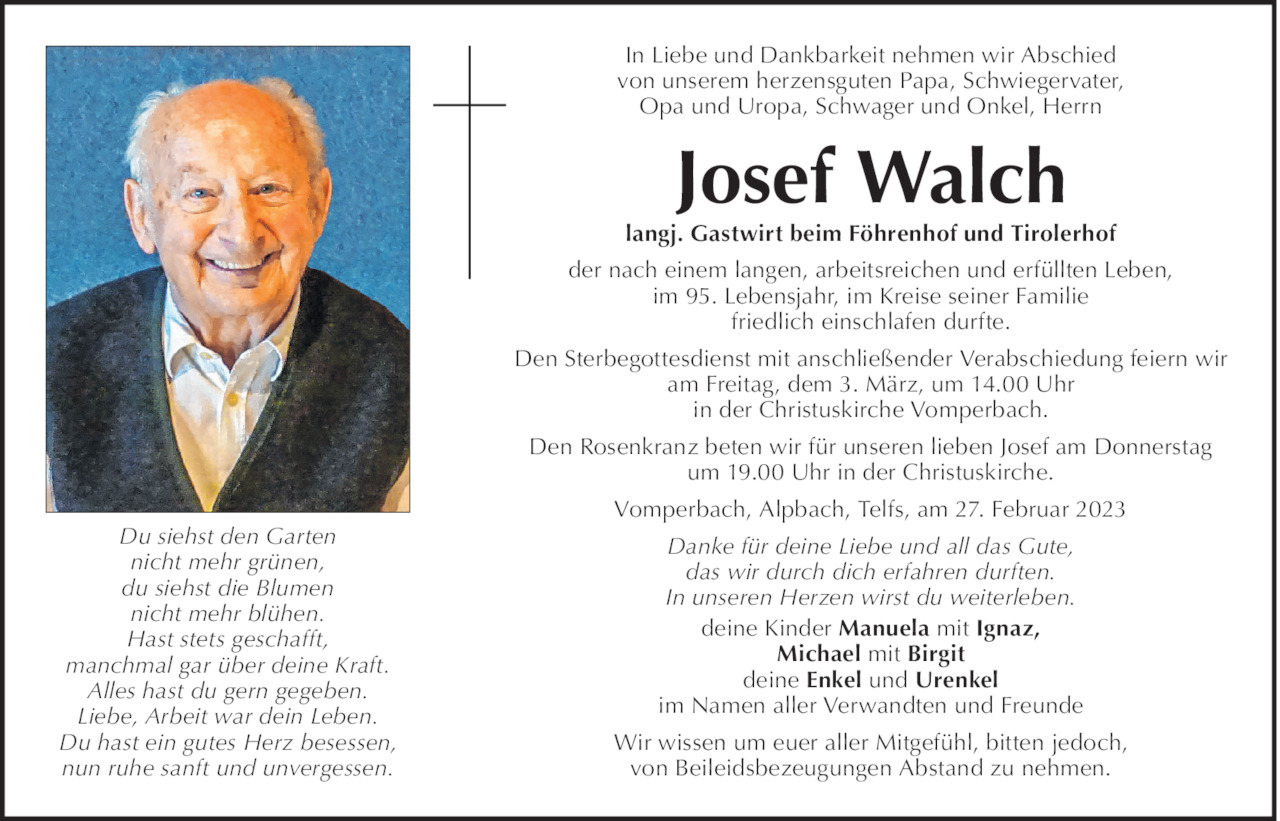 Traueranzeige von Josef Walch vom 01.03.2023 | Tiroler Tageszeitung