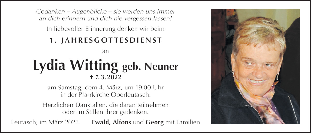 Traueranzeige von Lydia Witting vom 07.03.2022 | Tiroler Tageszeitung