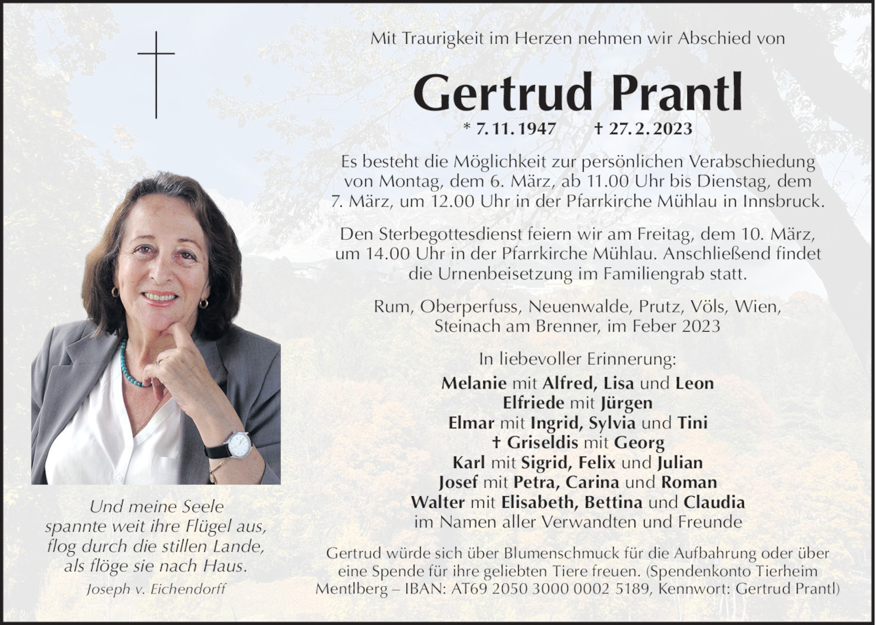 Traueranzeige von Gertrud Prantl vom 27.02.2023 | Tiroler Tageszeitung