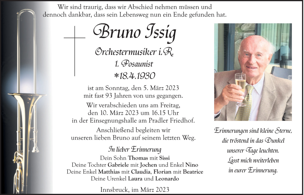 Traueranzeige von Bruno Issig vom 05.03.2023 | Tiroler Tageszeitung