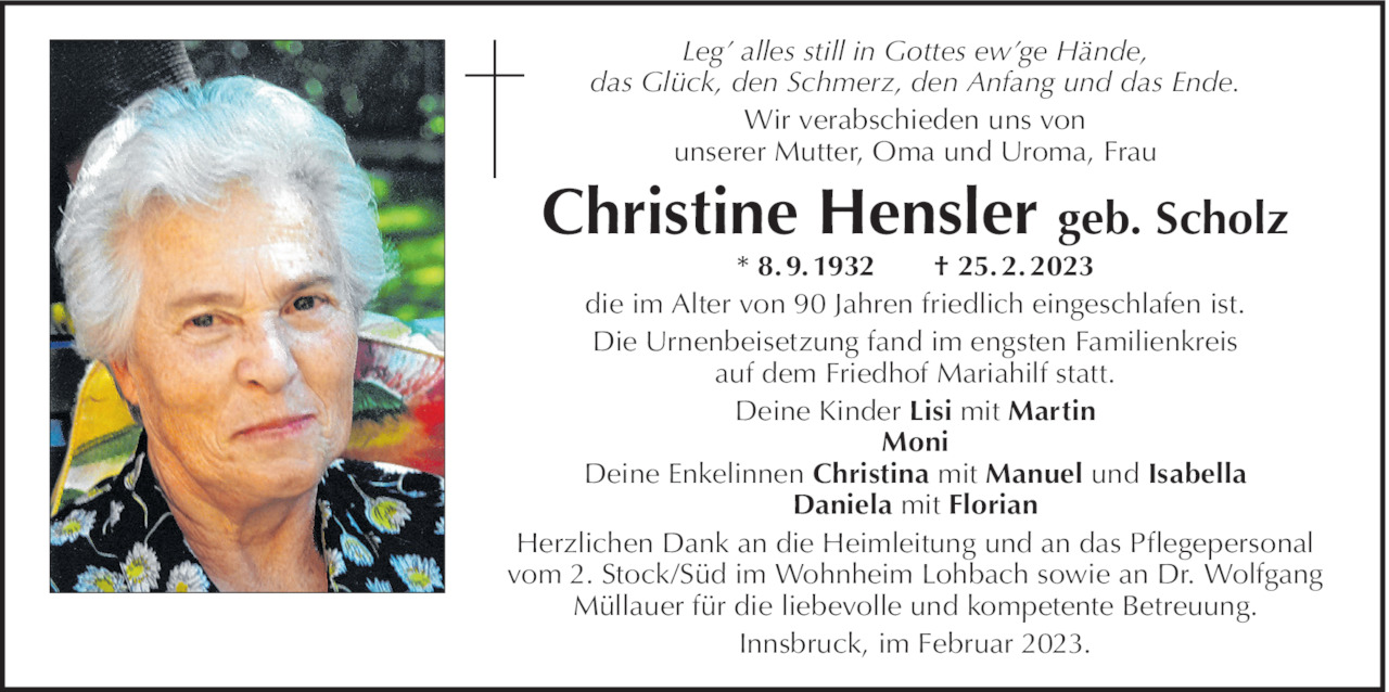 Traueranzeige von Christine Hensler vom 25.02.2023 | Tiroler Tageszeitung