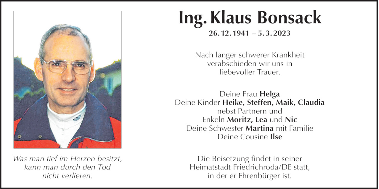 Traueranzeige von Klaus Bonsack vom 05.03.2023 | Tiroler Tageszeitung