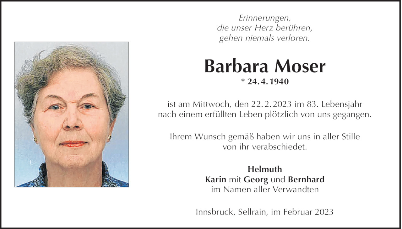 Traueranzeige von Barbara Moser vom 22.02.2023 | Tiroler Tageszeitung