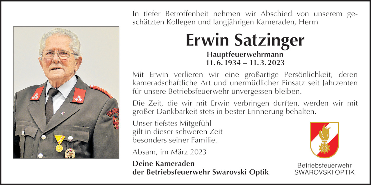 Traueranzeige von Erwin Satzinger vom 11.03.2023 | Tiroler Tageszeitung