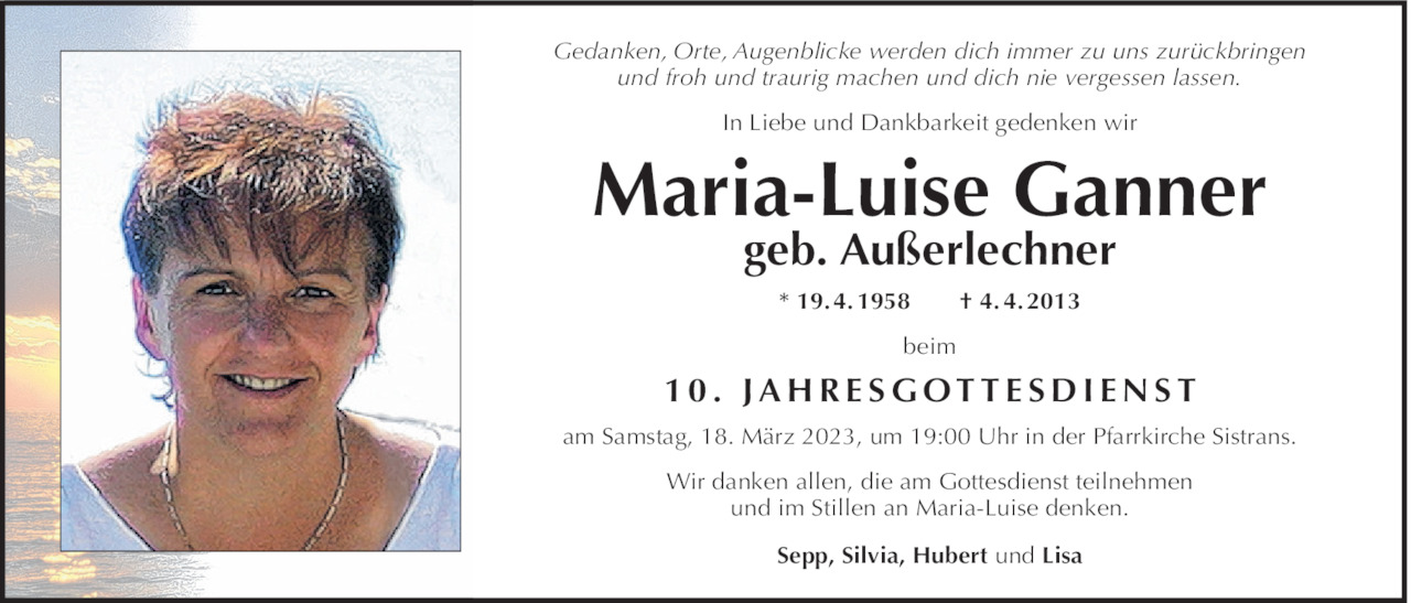 Jahrestag von Maria-Luise Ganner vom 04.04.2013 | Tiroler Tageszeitung