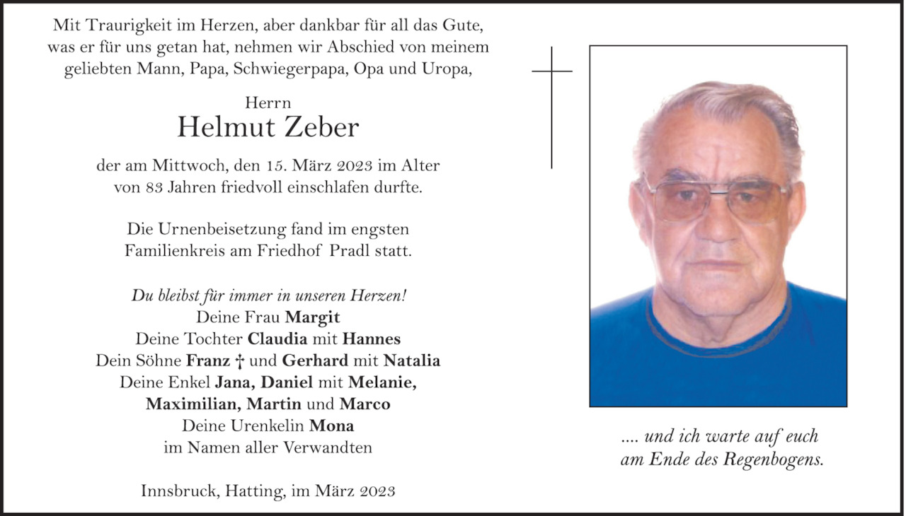 Traueranzeige von Helmut Zeber vom 15.03.2023 | Tiroler Tageszeitung
