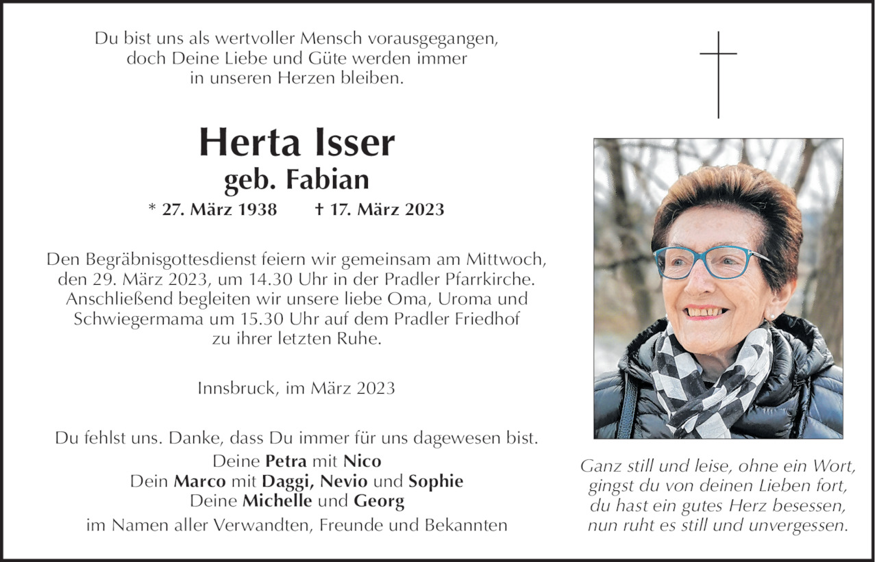 Traueranzeige von Herta Isser vom 17.03.2023 | Tiroler Tageszeitung