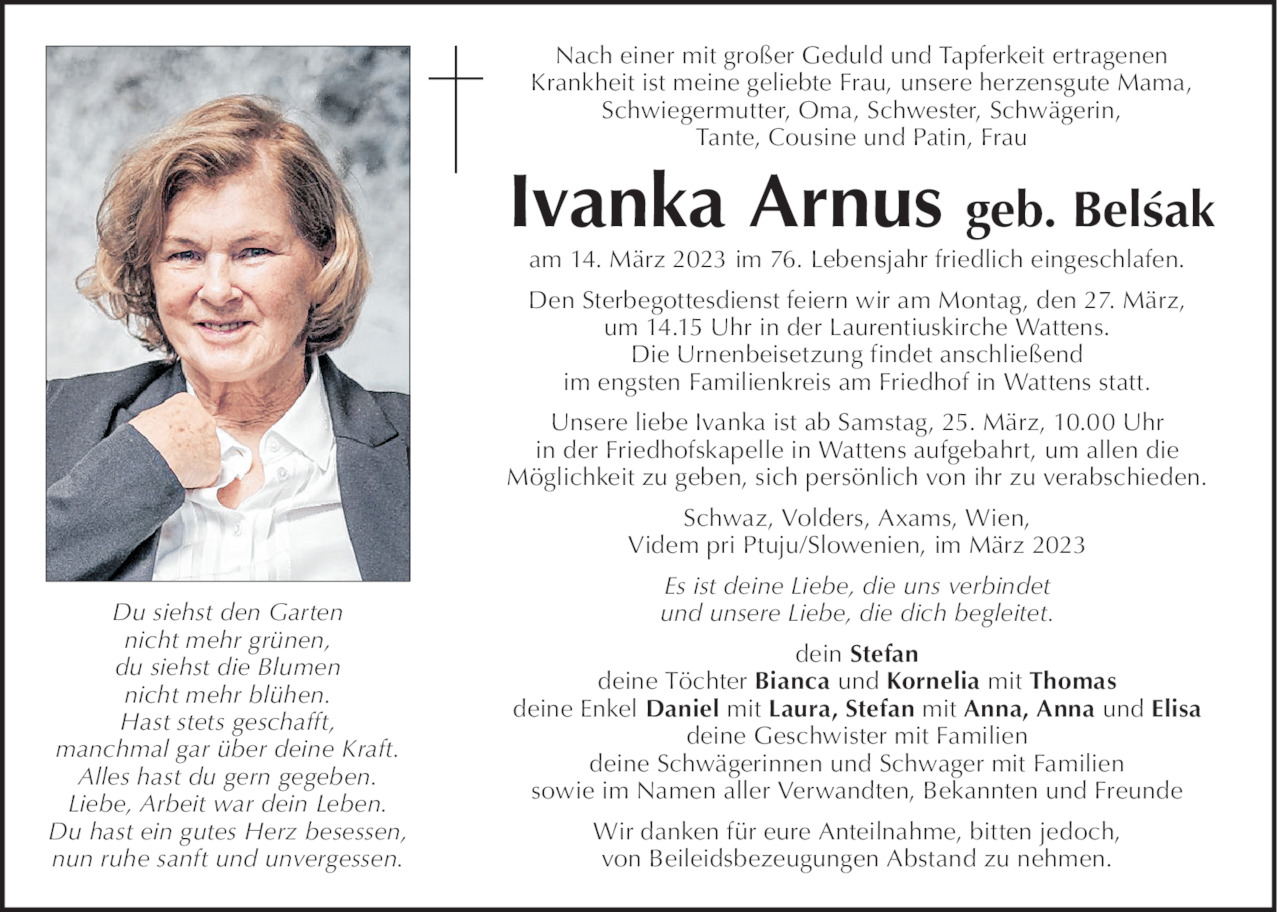 Traueranzeige von Ivanka Arnus vom 14.03.2023 | Tiroler Tageszeitung