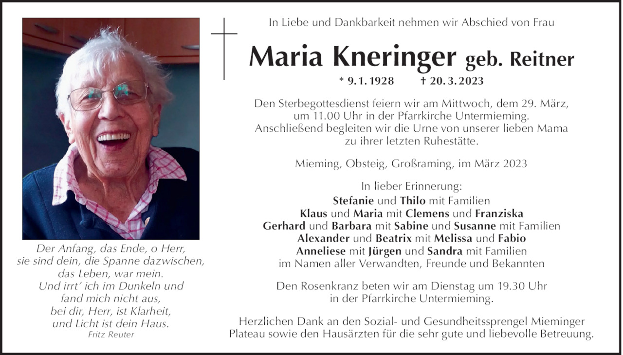 Traueranzeige von Maria Kneringer vom 20.03.2023 | Tiroler Tageszeitung