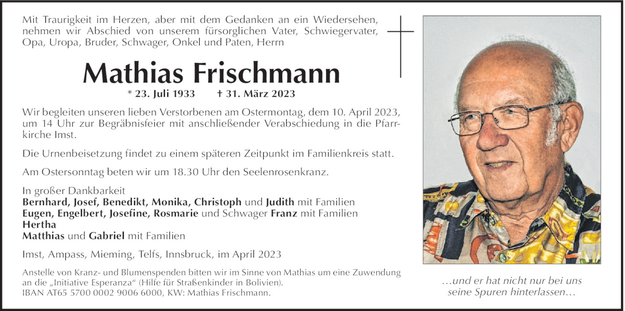Traueranzeige von Mathias Frischmann vom 31.03.2023 | Tiroler Tageszeitung