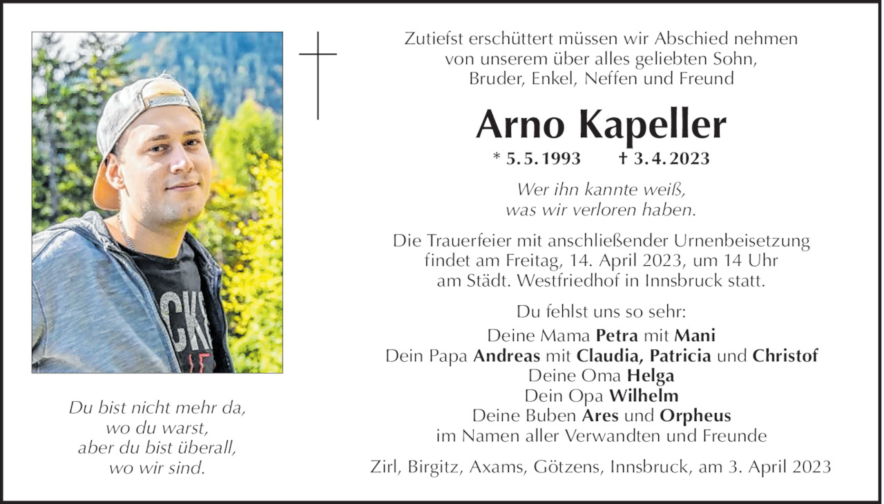 Traueranzeige von Arno Kapeller vom 03.04.2023 | Tiroler Tageszeitung