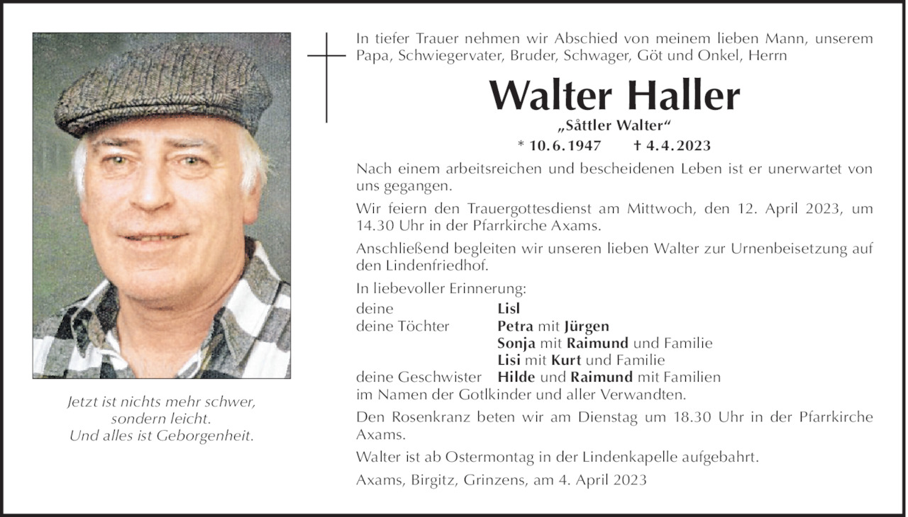 Traueranzeige von Walter Haller vom 04.04.2023 | Tiroler Tageszeitung