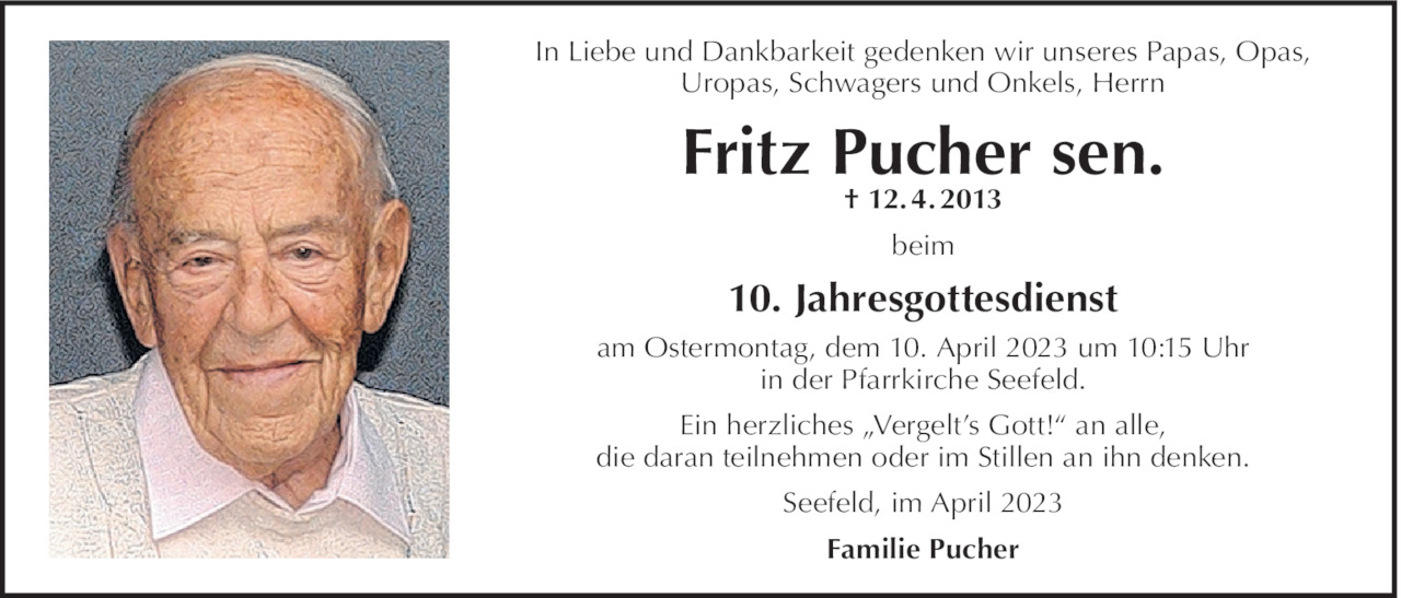 Jahrestag von Friedrich Pucher vom 12.04.2013 | Tiroler Tageszeitung