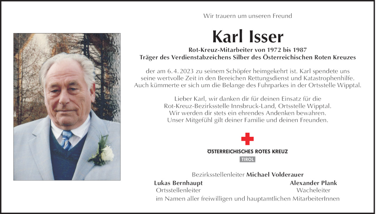 Traueranzeige von Karl Isser vom 06.04.2023 | Tiroler Tageszeitung