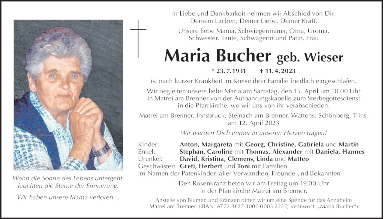 Traueranzeige von Maria Bucher vom 11.04.2023 | Tiroler Tageszeitung