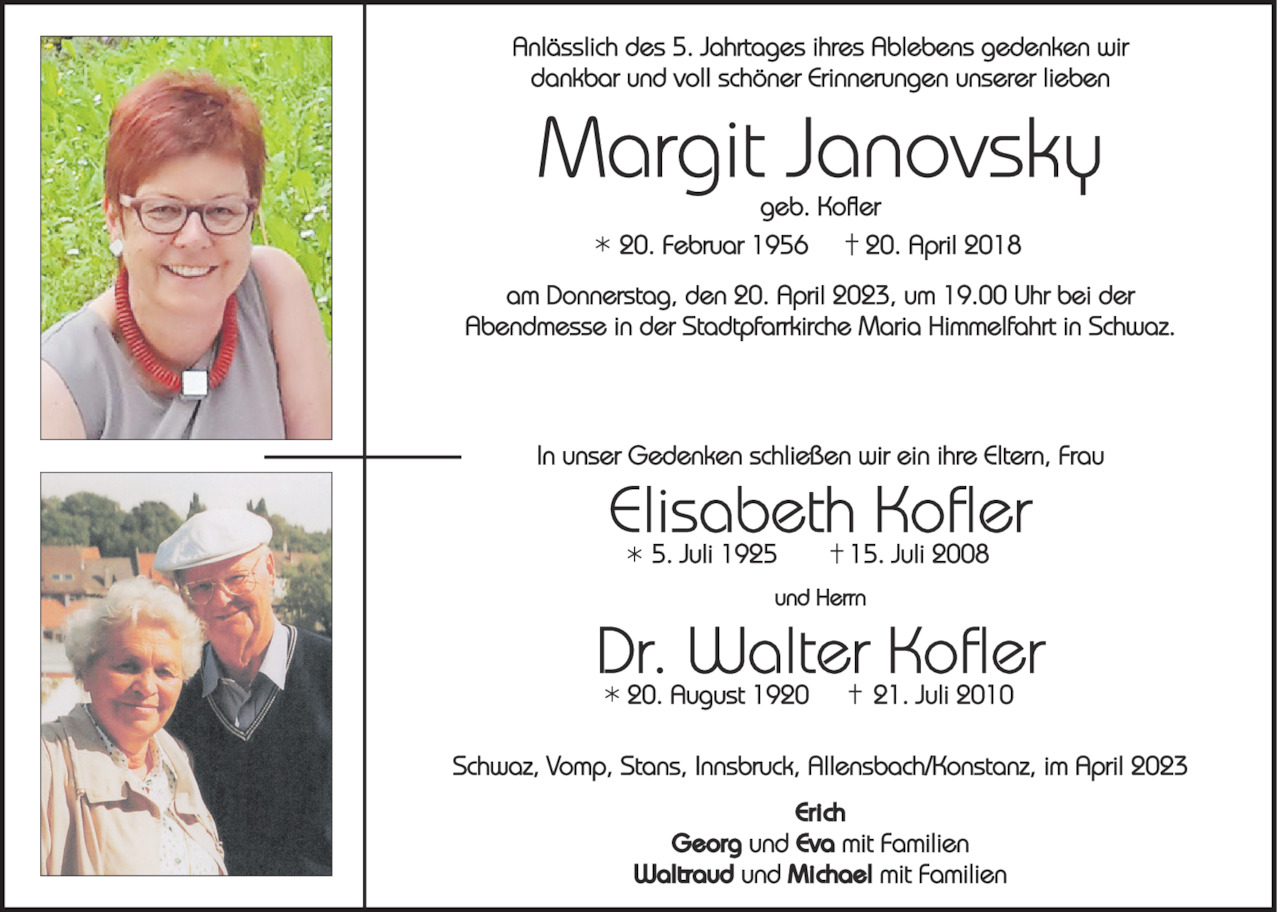 Traueranzeige von Margit, Elisabeth, Walter Janovsky, Kofler vom 20.04. ...
