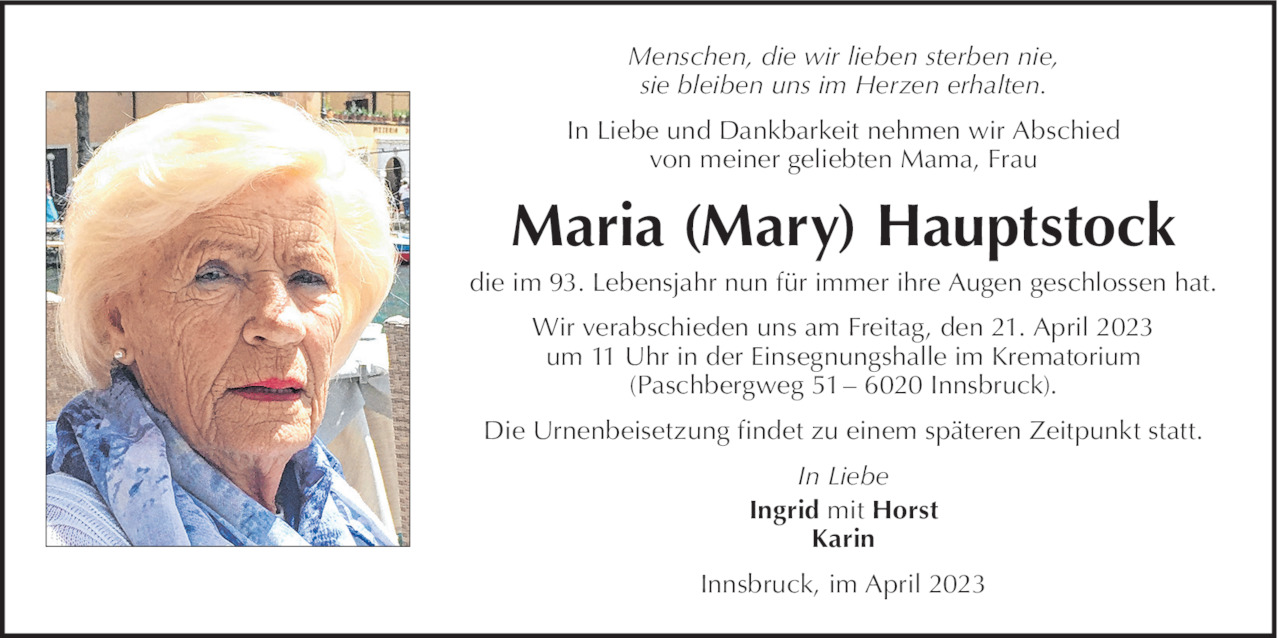 Traueranzeige von Maria Hauptstock vom 15.04.2023 | Tiroler Tageszeitung