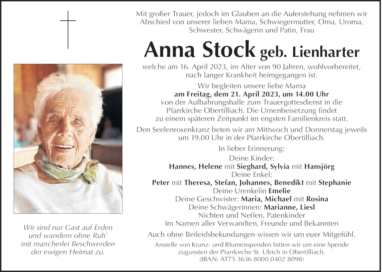 Traueranzeige von Anna Stock vom 16.04.2023 | Tiroler Tageszeitung