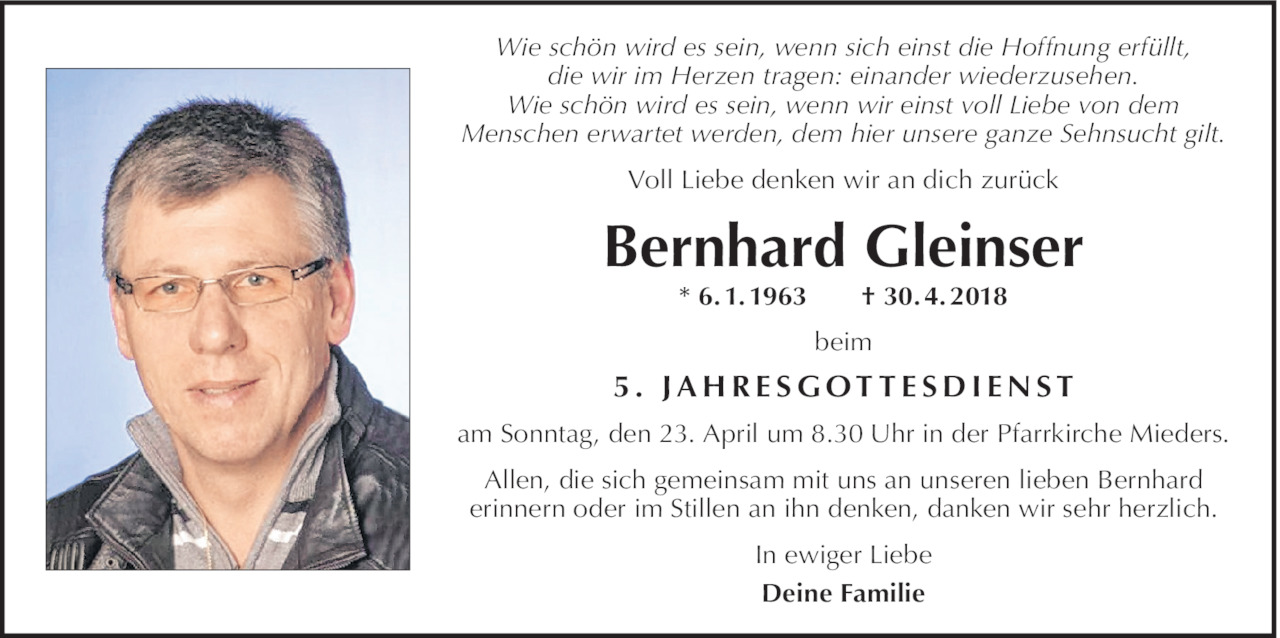 Traueranzeige von Bernhard Gleinser vom 30.04.2018 | Tiroler Tageszeitung