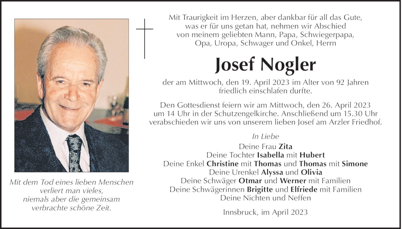 Traueranzeige von Josef Nogler vom 19.04.2023 | Tiroler Tageszeitung
