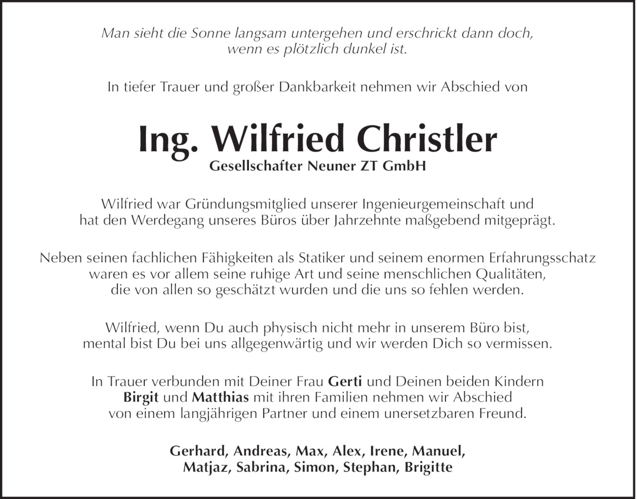 Traueranzeige von Wilfried Christler vom 16.04.2023 | Tiroler Tageszeitung