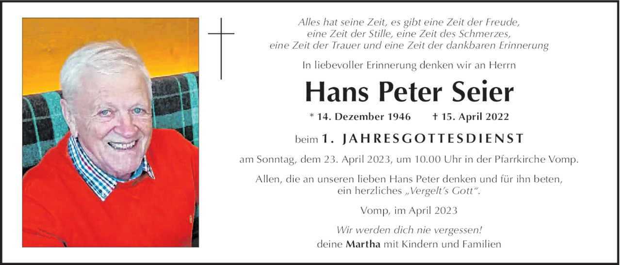 Jahrestag von Hans Peter Seier vom 15.04.2022 | Tiroler Tageszeitung
