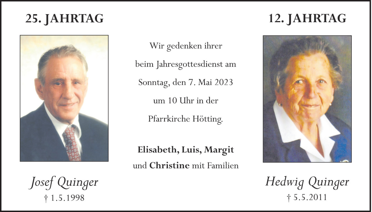 Traueranzeige von Hedwig und Josef Quinger vom 29.04.2023 | Tiroler ...