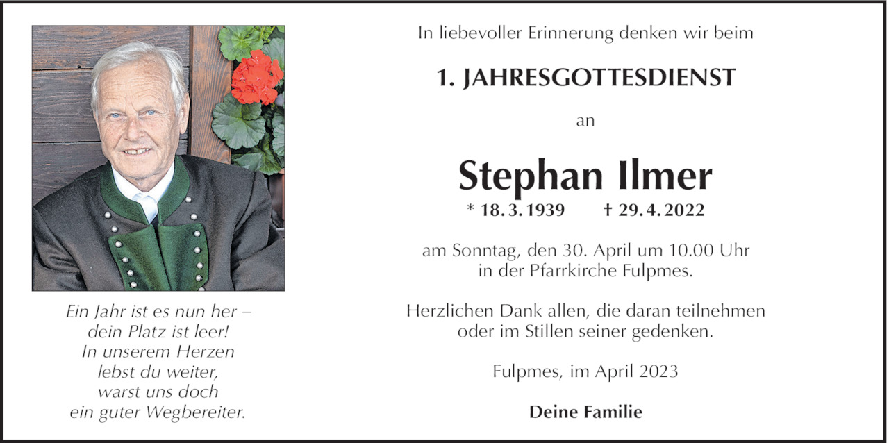 Traueranzeige von Stephan Ilmer vom 29.04.2022 | Tiroler Tageszeitung