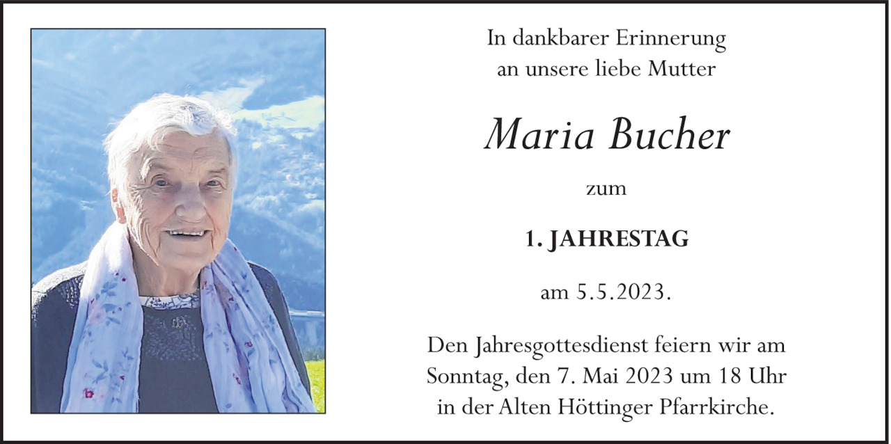 Traueranzeige von Maria Bucher vom 05.05.2022 | Tiroler Tageszeitung