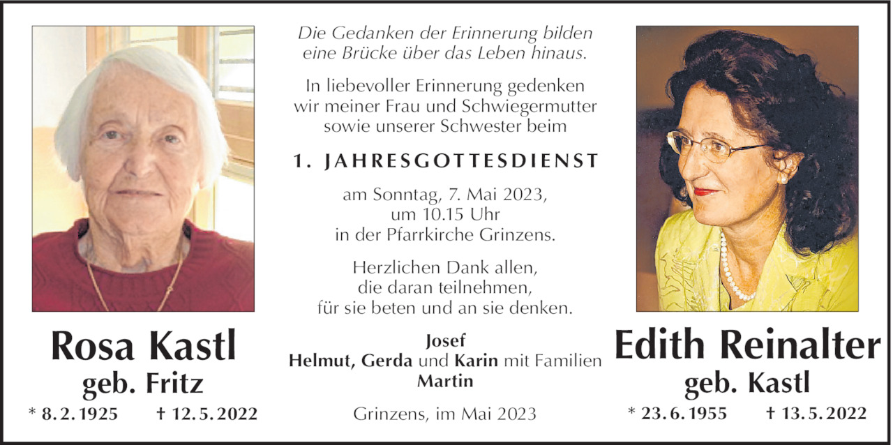 Traueranzeige von Rosa & Edith Kastl & Reinalter vom 03.05.2023 ...
