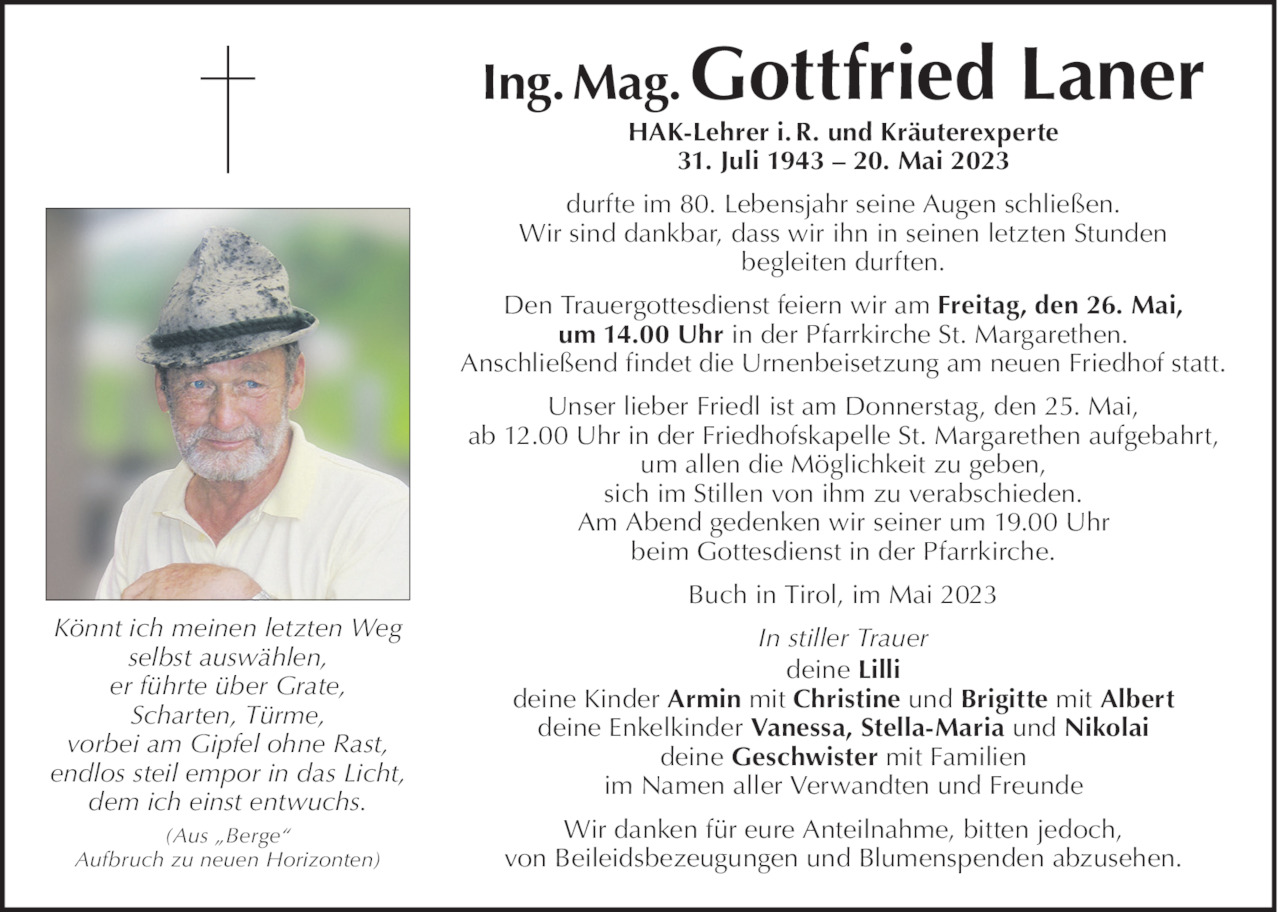 Traueranzeige von Gottfried Laner vom 20.05.2023 | Tiroler Tageszeitung