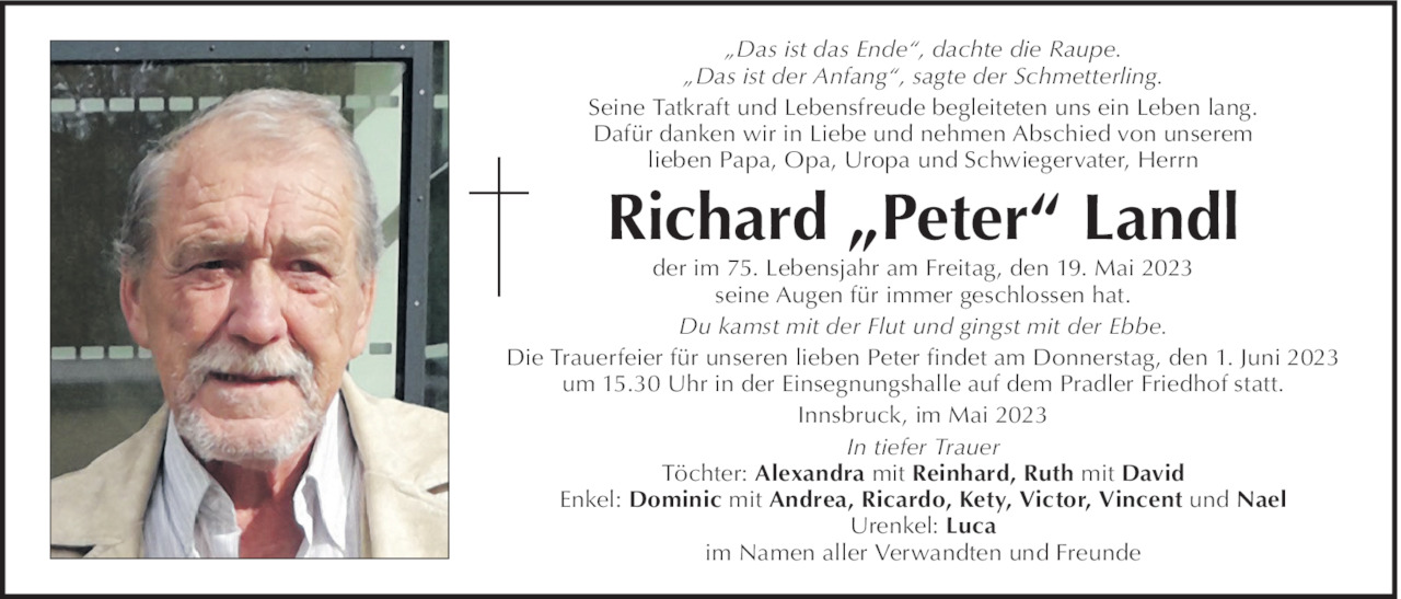 Traueranzeige von Richard Landl vom 19.05.2023 | Tiroler Tageszeitung