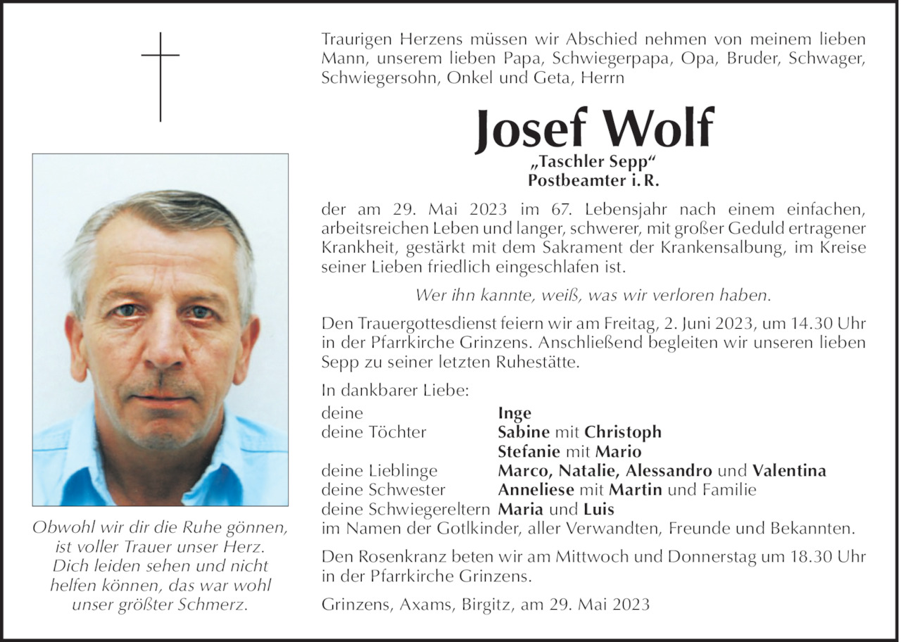 Traueranzeige von Josef Wolf vom 29.05.2023 | Tiroler Tageszeitung