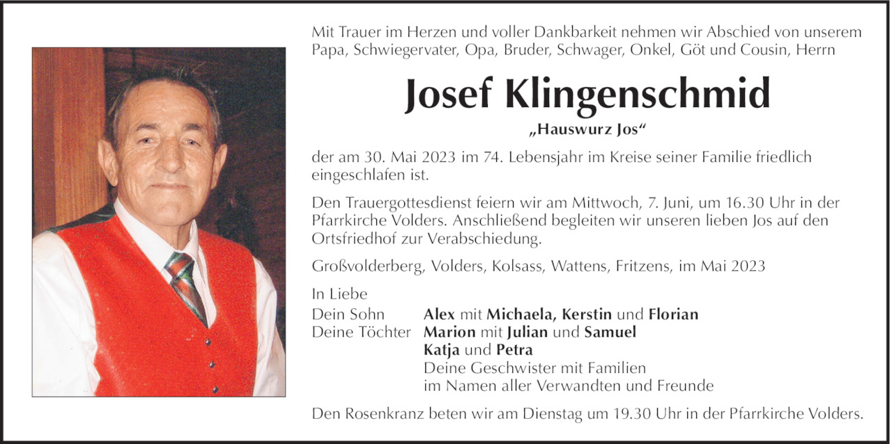 Traueranzeige von Josef Klingenschmid vom 30.05.2023 | Tiroler Tageszeitung