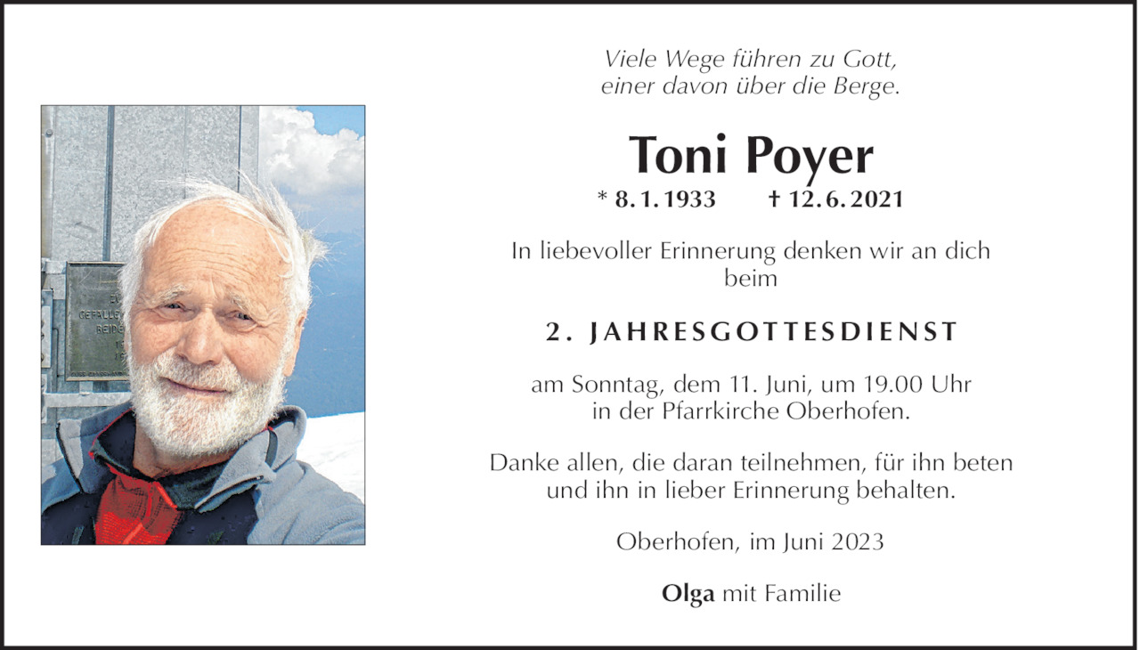 Traueranzeige von Toni Poyer vom 12.06.2021 | Tiroler Tageszeitung