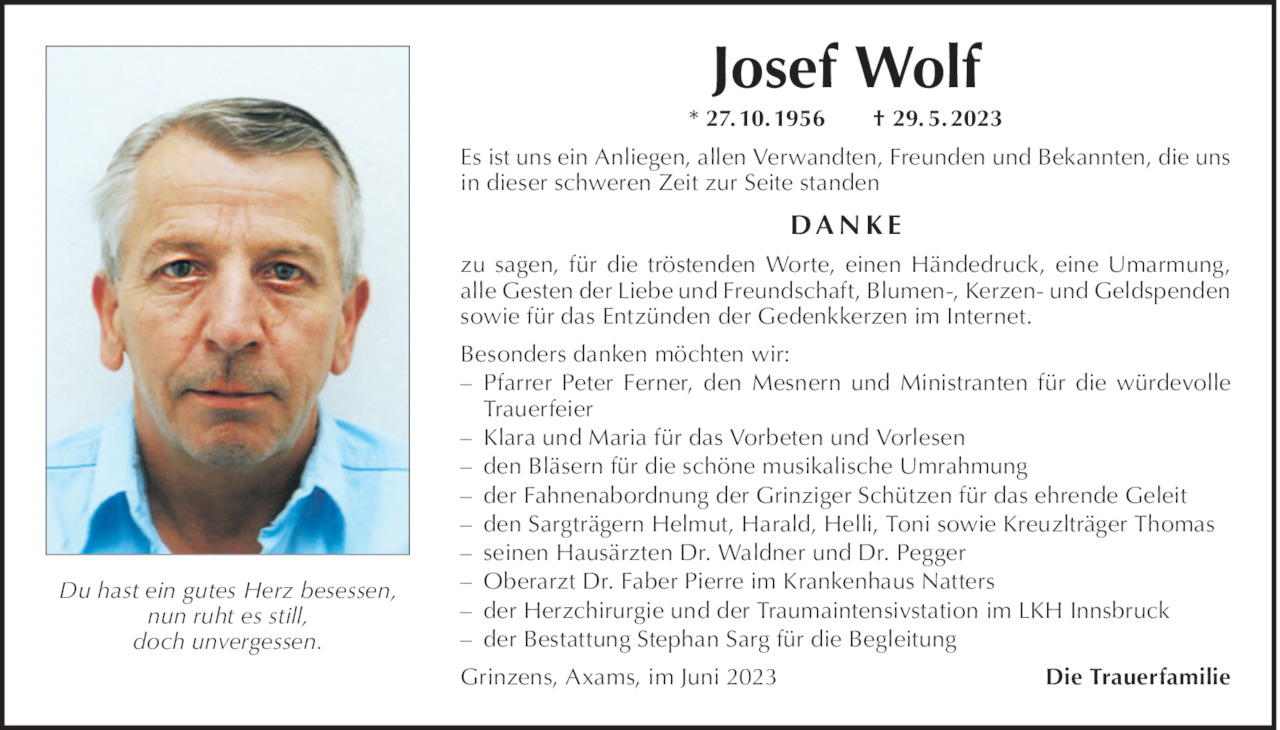 Danksagung von Josef Wolf vom 29.05.2023 | Tiroler Tageszeitung