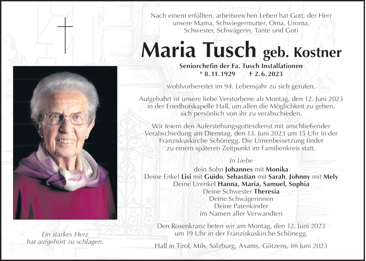 Traueranzeige von Maria Tusch vom 02.06.2023 | Tiroler Tageszeitung