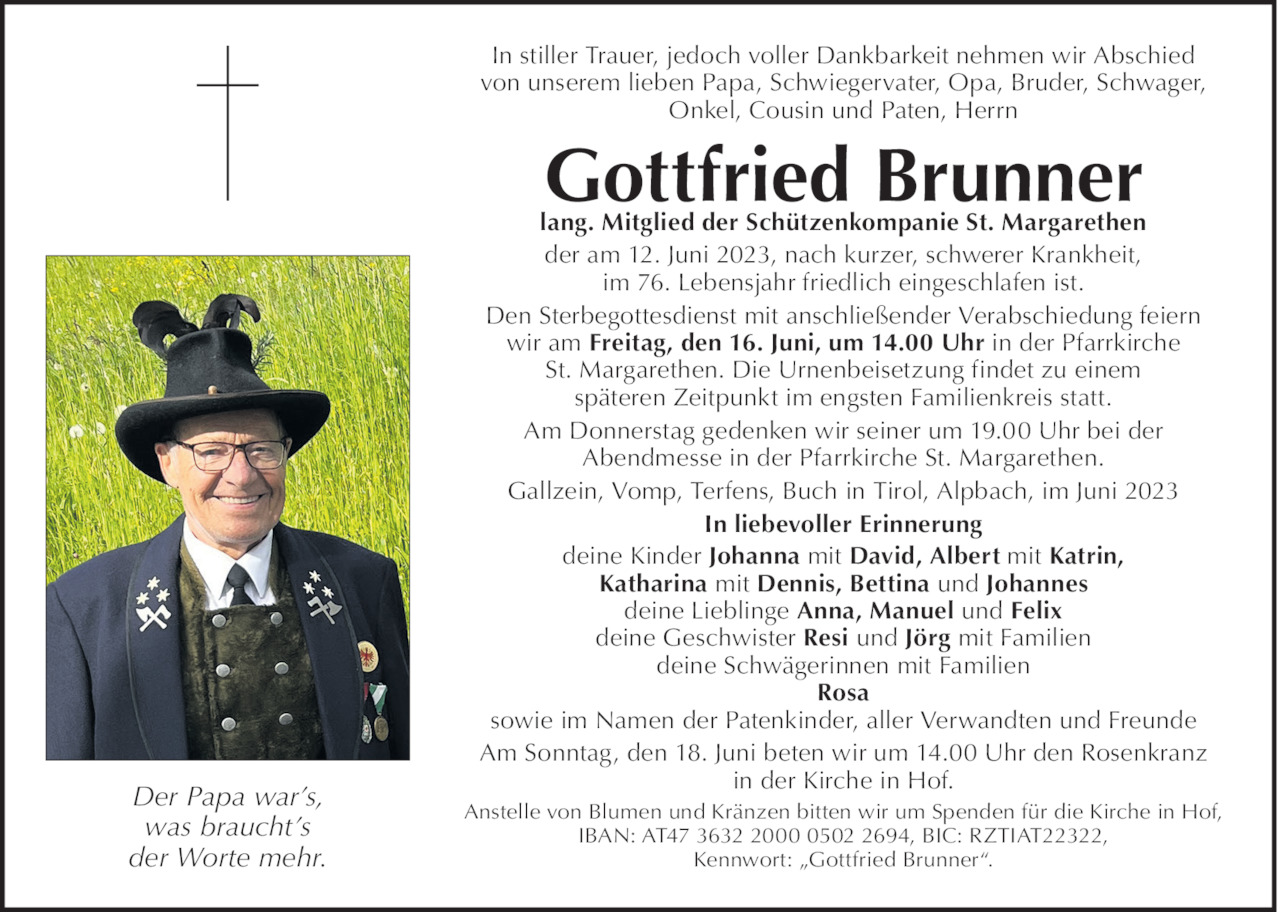 Traueranzeige von Gottfried Brunner vom 12.06.2023 | Tiroler Tageszeitung