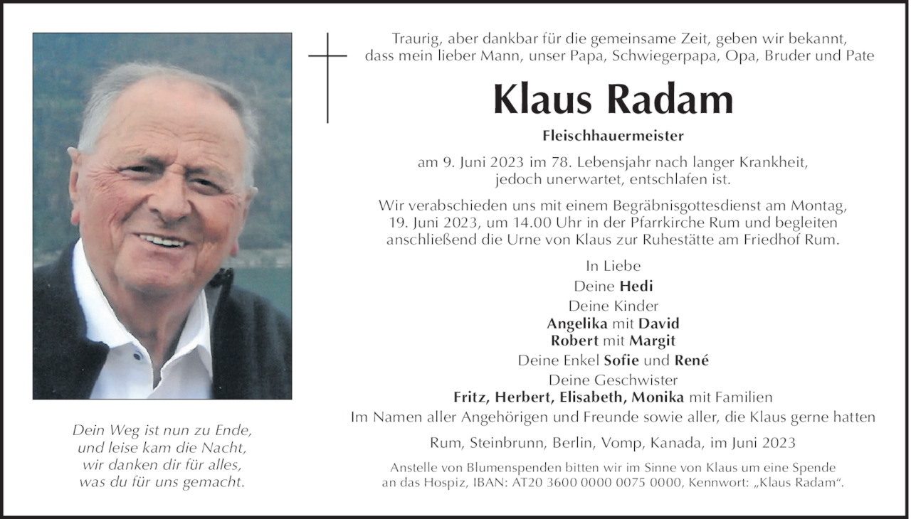 Traueranzeige von Klaus Radam vom 09.06.2023 | Tiroler Tageszeitung