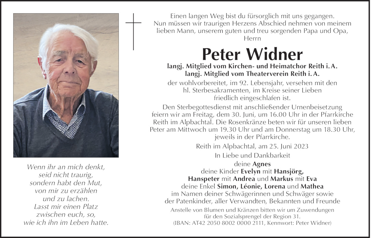 Traueranzeige von Peter Widner vom 27.06.2023 | Tiroler Tageszeitung