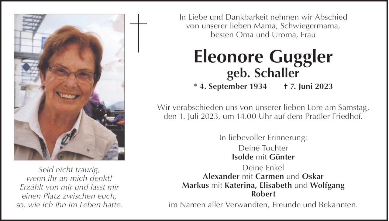 Traueranzeige von Eleonore Guggler vom 07.06.2023 | Tiroler Tageszeitung
